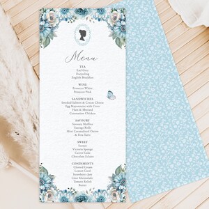 Bridgerton Tea Party Menu With Dusty Blue Flowers, 4 X 9 With Cameo ...