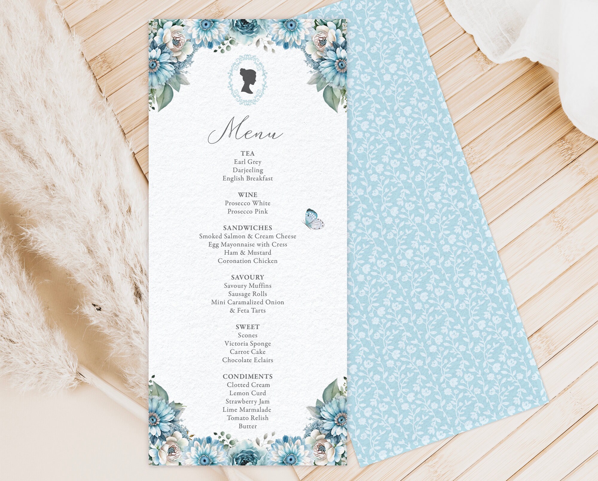 Bridgerton Tea Party Menu With Dusty Blue Flowers, 4 X 9 With Cameo ...