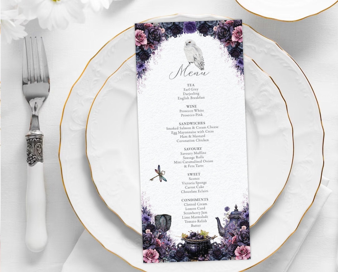 Wizard Tea Party Menu: Snowy Owl, Cauldron, Flying Keys (4x9 Corjl ...