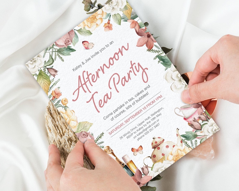 Afternoon Tea Party Invitation, Floral Border, Champagne, Teapot ...