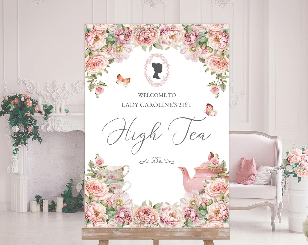 A1 (594 X 841mm) High Tea Welcome Sign, Blush Pink Flowers, Bridgerton ...