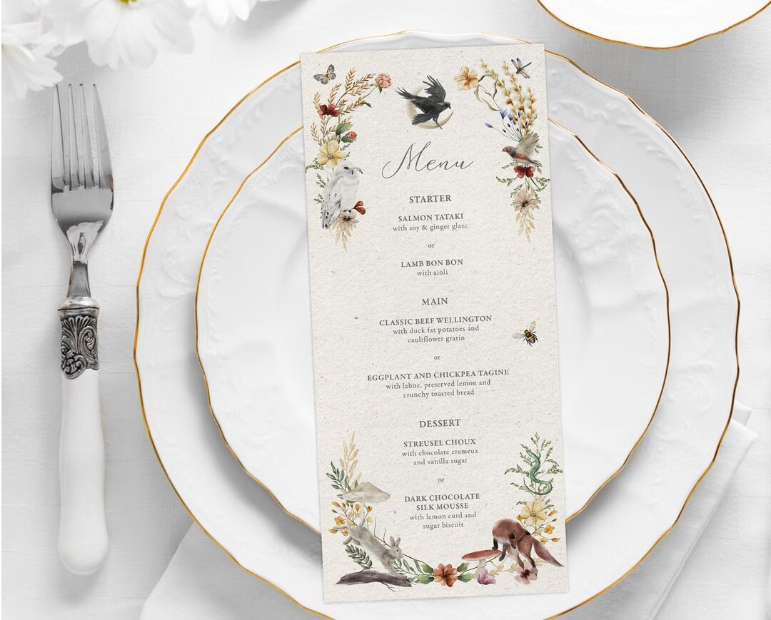 4x9 Enchanted Forest Dinner Menu: Flora & Fauna, Forest Animals, Raven ...