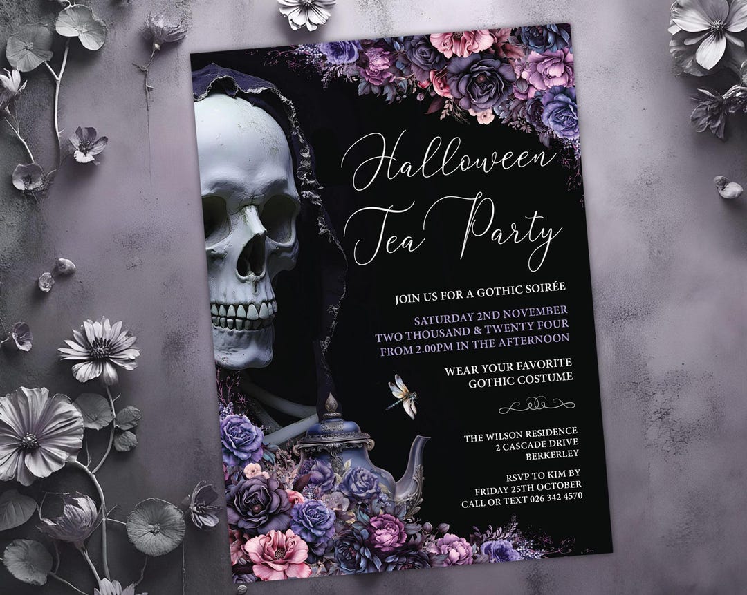 5 X 7 Halloween Tea Party Invitation, Black Pink Lilac Flowers, Skull ...