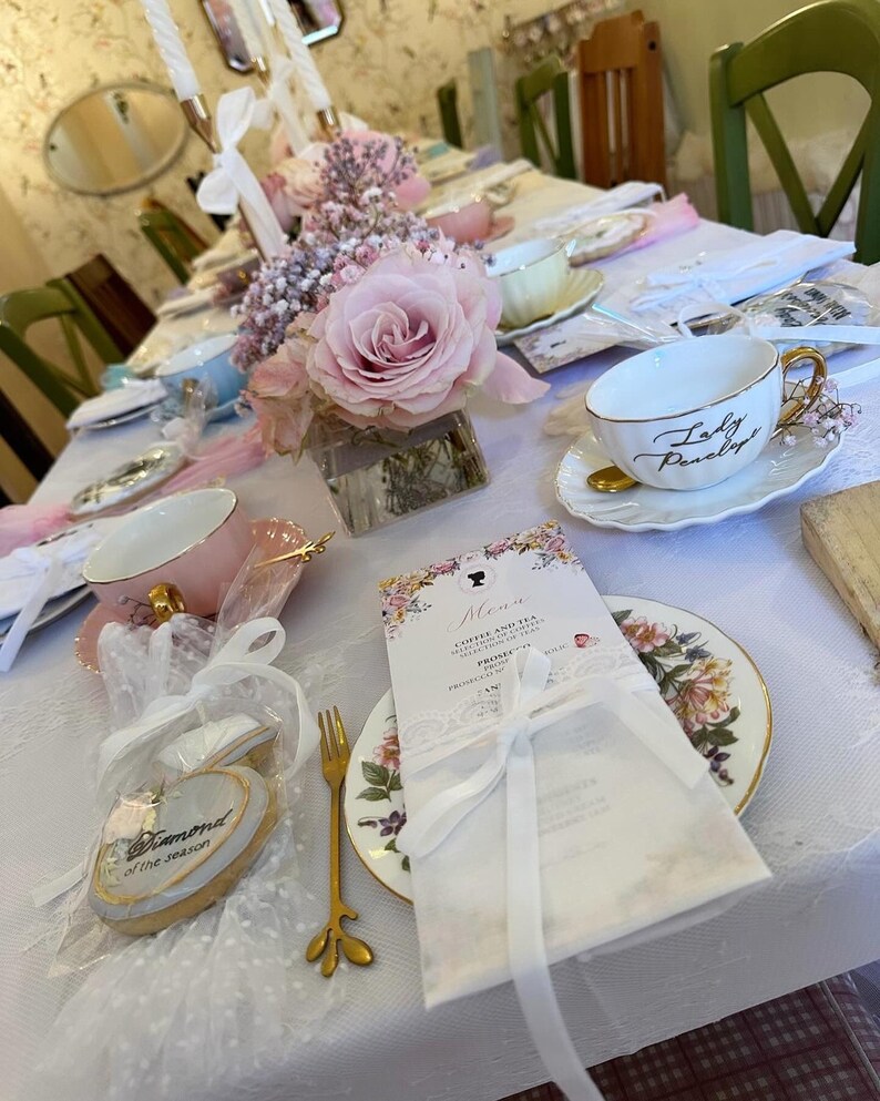 Bridgerton Tea Party Menu With Dusty Blue Flowers, 4 X 9 With Cameo ...