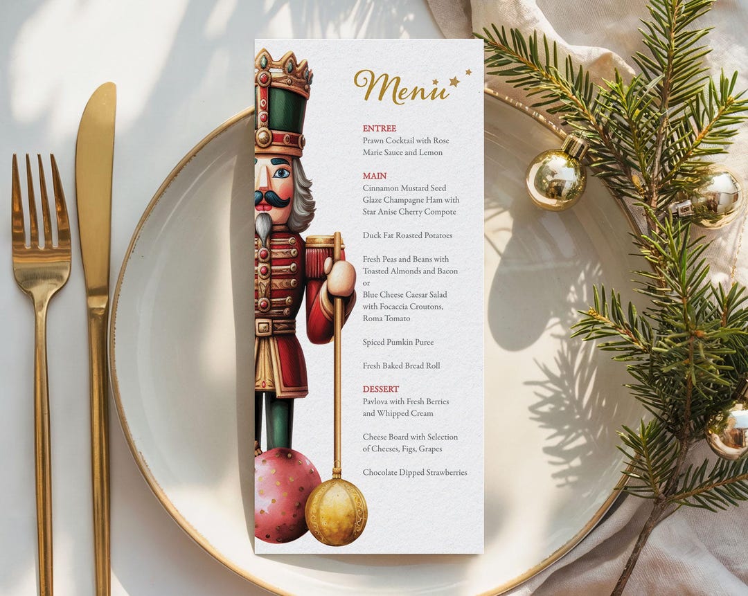Christmas Nutcracker Menu, Red, Green, Gold, 4 X 9 Corjl Editable ...