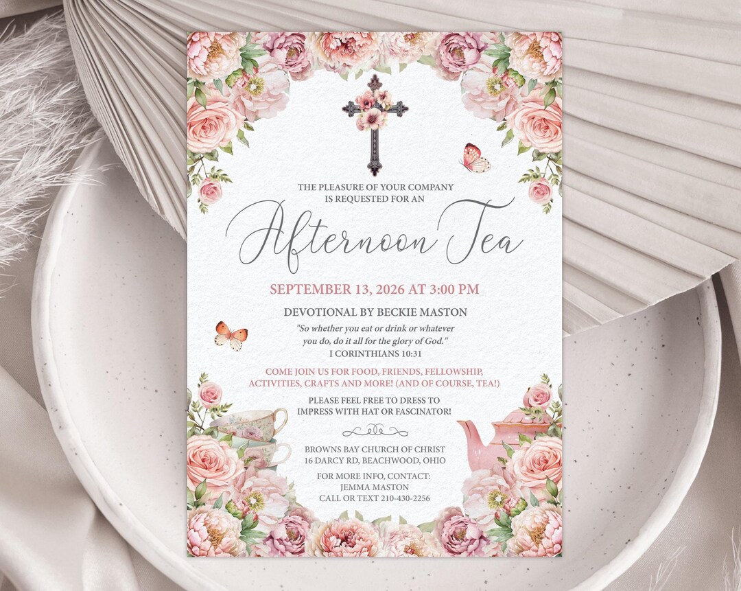 Church Afternoon Tea Invite: Blush Pink, Christian Cross, Scripture ...
