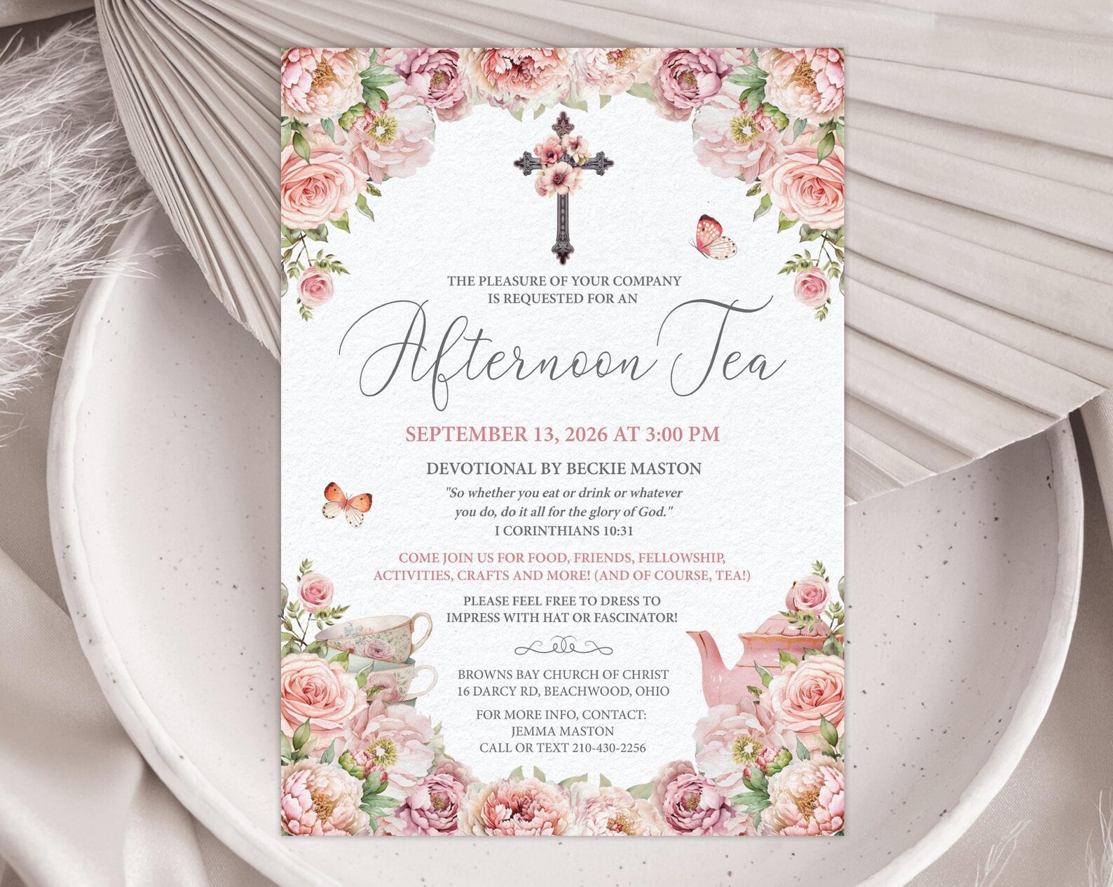 Church Afternoon Tea Invite: Blush Pink, Christian Cross, Scripture ...