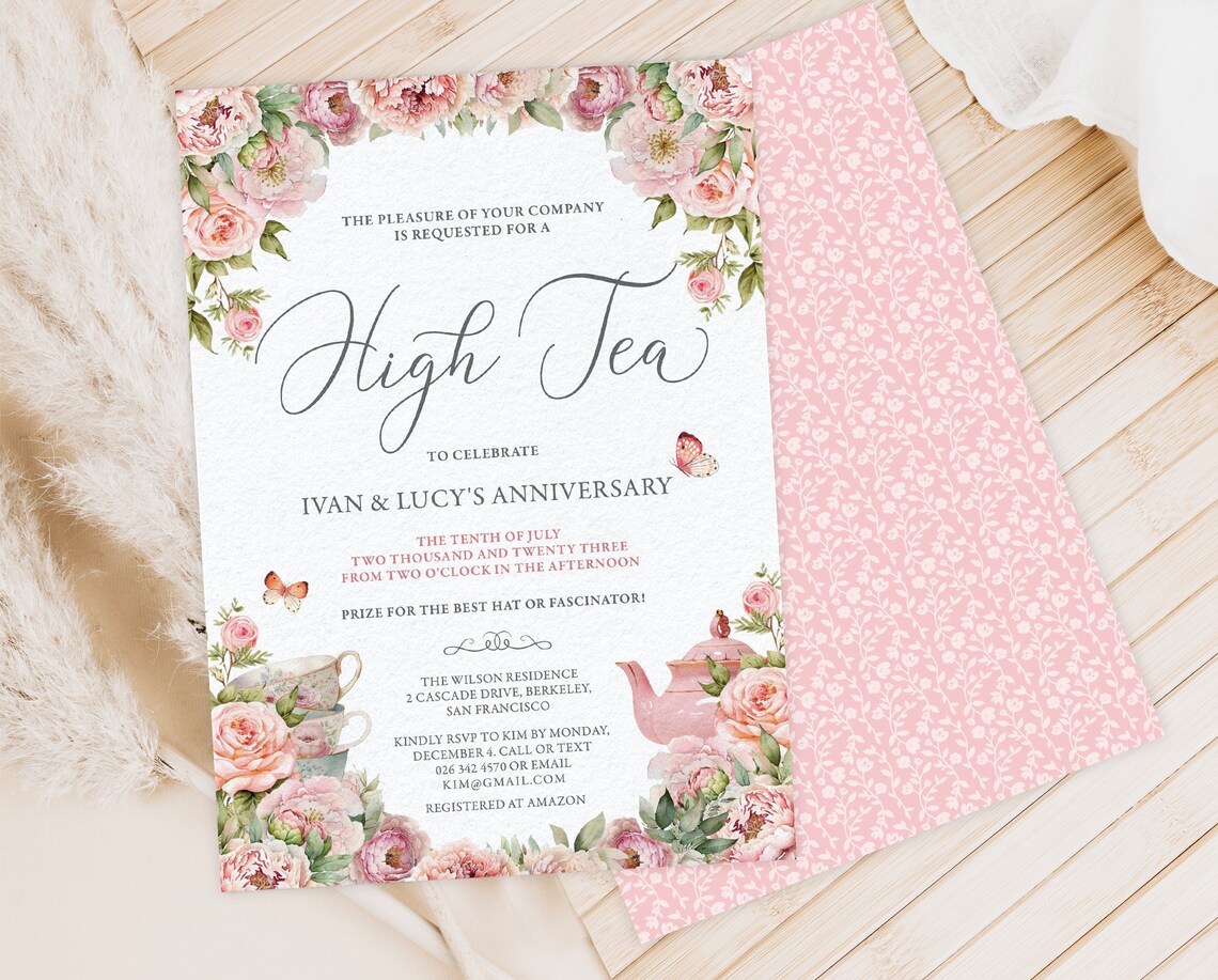 Pink High Tea Anniversary Invitation With Pretty Florals, Editable ...