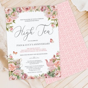 Pink High Tea Anniversary Invitation With Pretty Florals, Editable ...