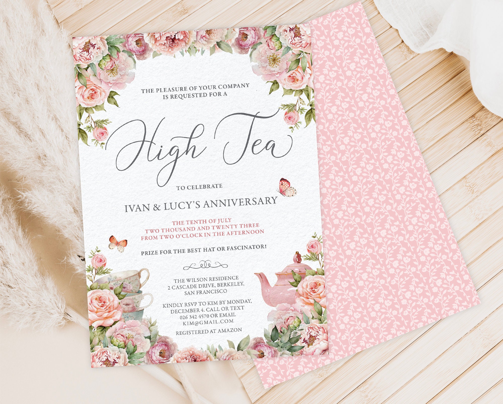 Pink High Tea Anniversary Invitation With Pretty Florals, Editable ...