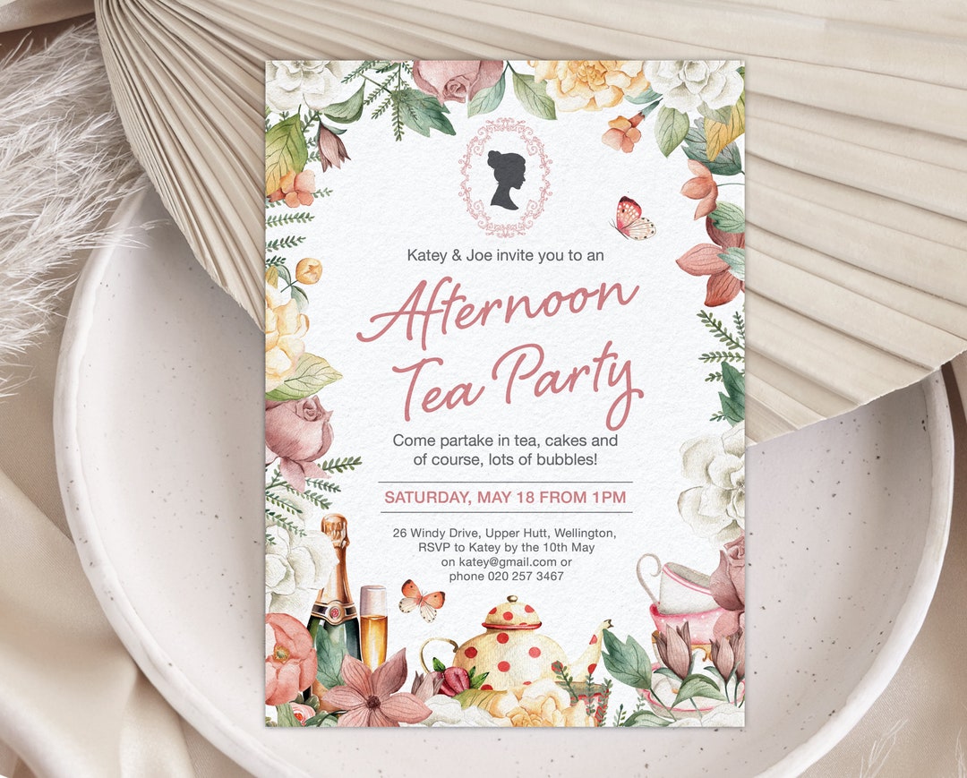 5 X 7 Afternoon Tea Party Invitation, Floral Border, Bridgerton Cameo ...