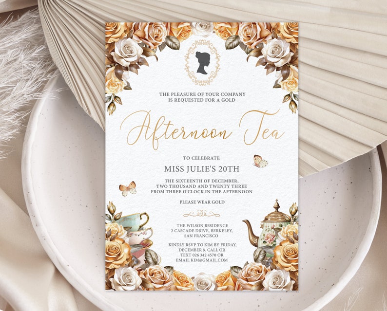 Pretty White & Gold Rose Afternoon Tea Invitation, Bridgerton Cameo ...