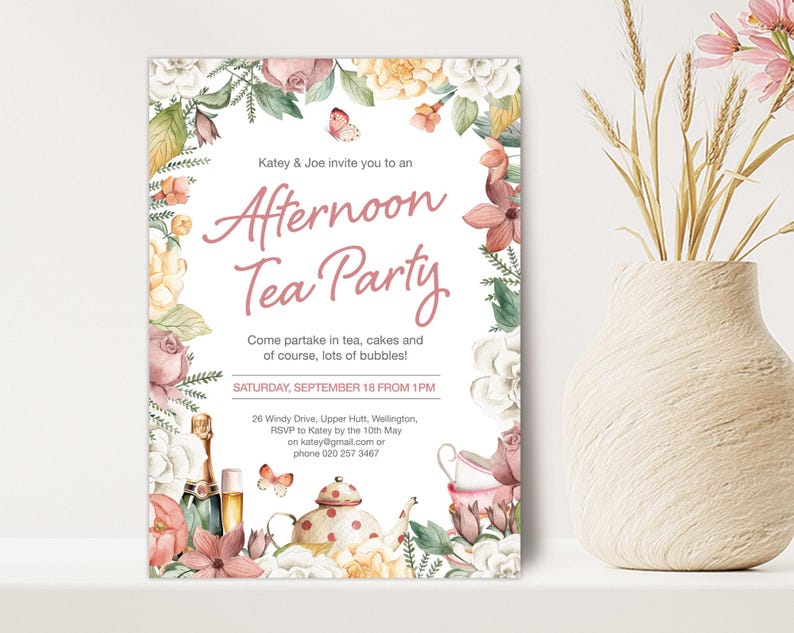 Afternoon Tea Party Invitation, Floral Border, Champagne, Teapot ...