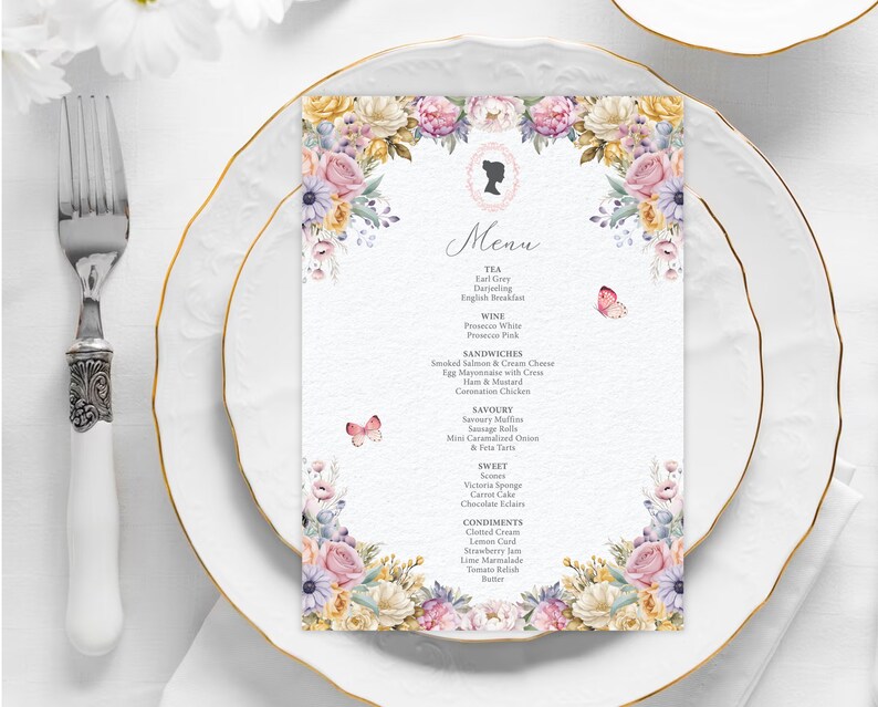 5 X 7 Bridgerton Tea Party Menu With Pastel Flowers, Bridgerton Cameo ...