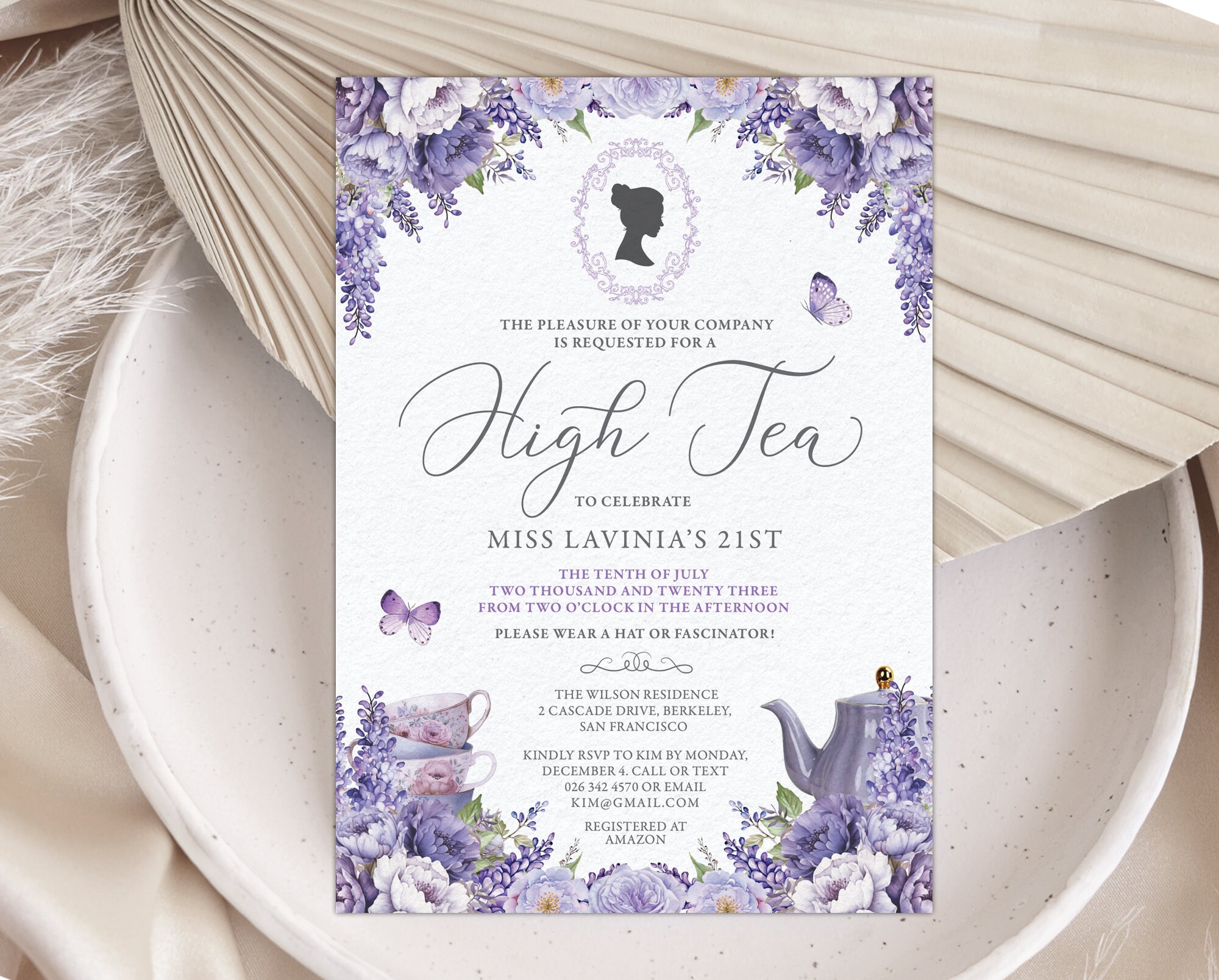 5 X 7 High Tea Invitation With Lilac Lavender Wisteria, Bridgerton ...