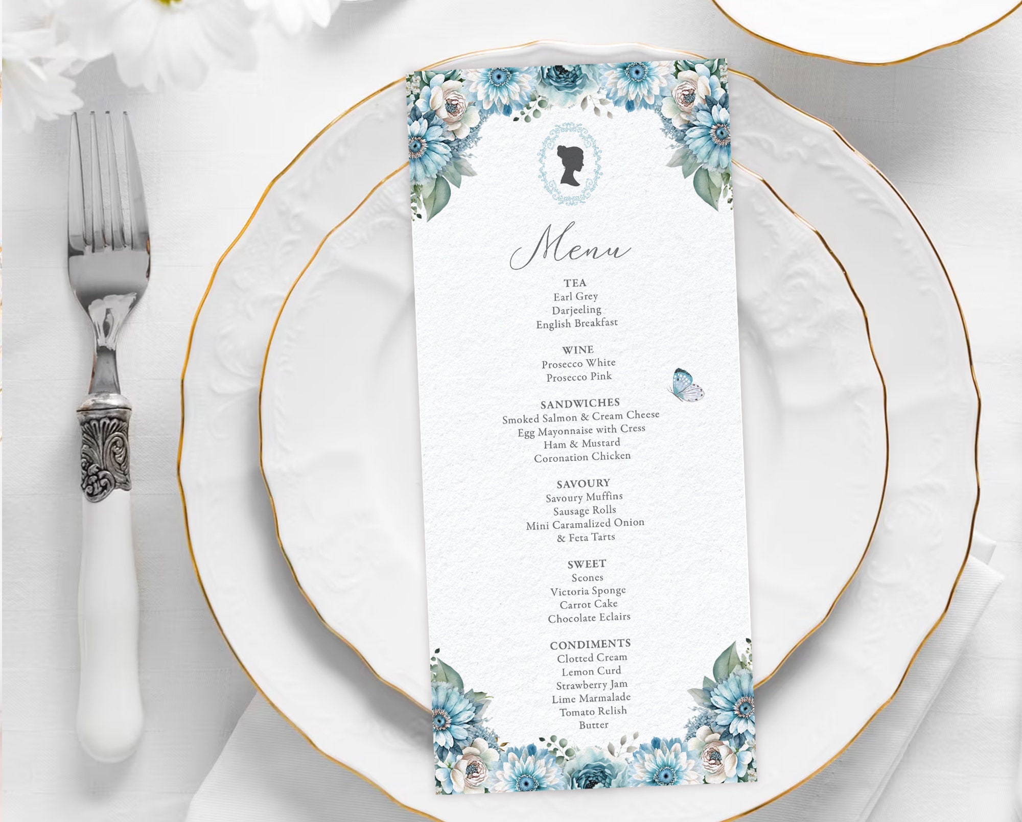 Bridgerton Tea Party Menu With Dusty Blue Flowers, 4 X 9 With Cameo ...