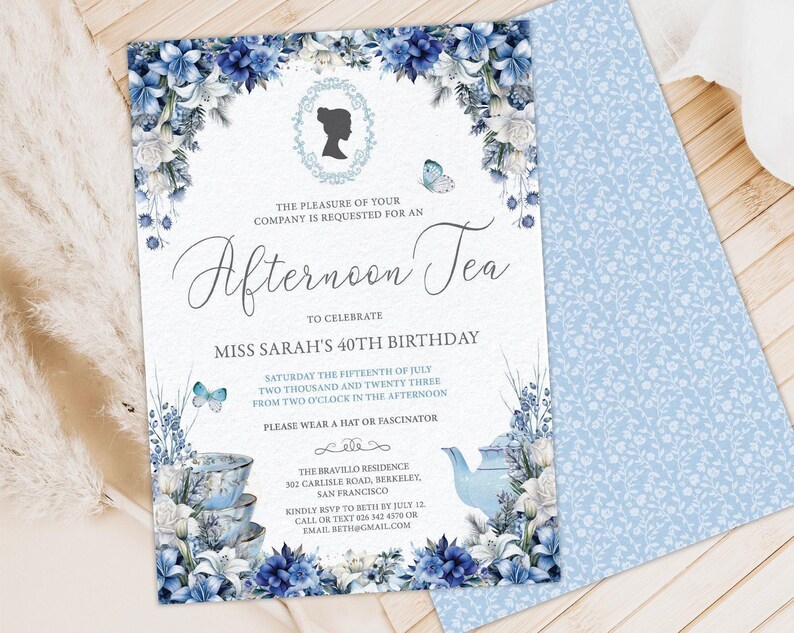 Regency Afternoon Tea Invitation: Blue Flowers, Cameo, Teapot, (5x7 ...