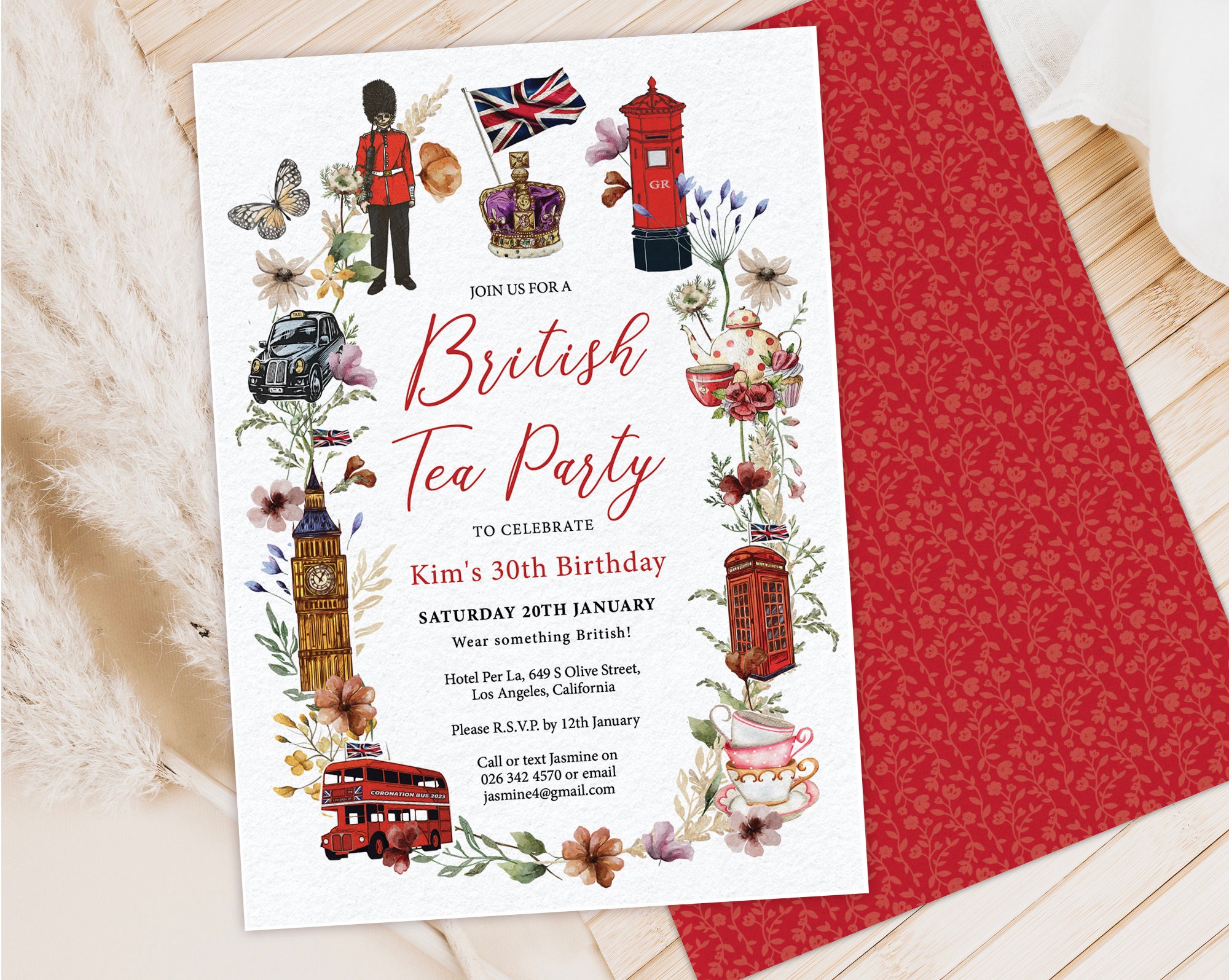 5 X 7 British Tea Party Invite, London Icons, Big Ben, Double Decker ...