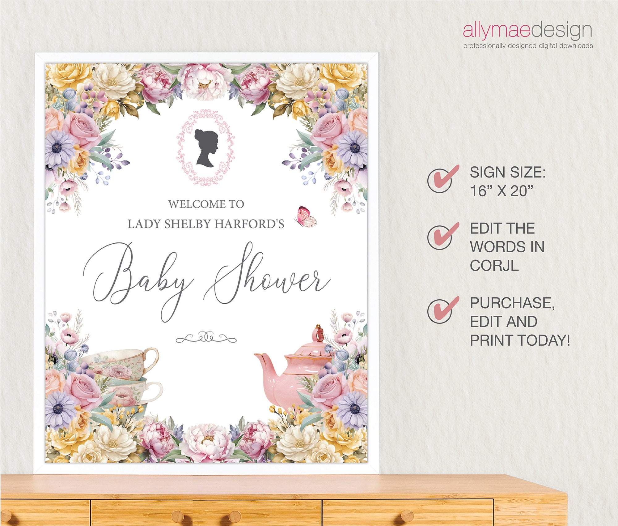 16 X 20 Bridgerton Baby Shower Welcome Sign With Pastel Flowers, Cameo ...