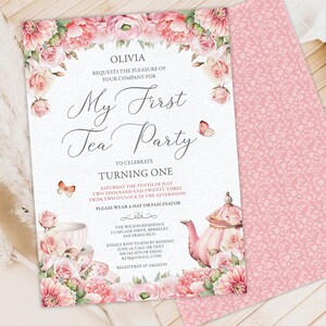 5 X 7 My First Tea Party Invitation With Pink Flowers, Teapot, Teacups ...