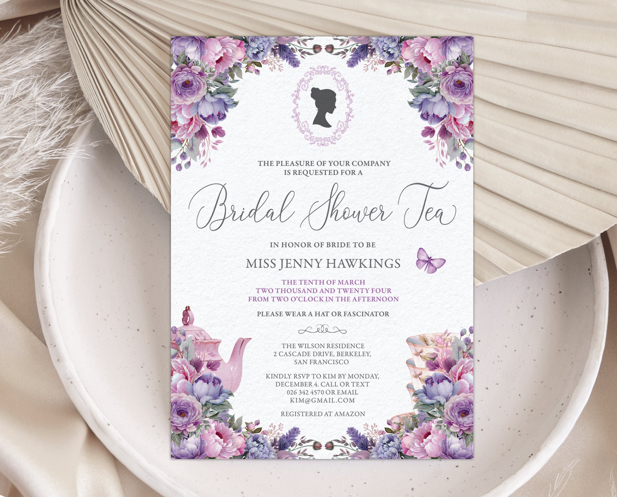 5 X 7 Bridgerton Bridal Shower Tea Pink & Lilac Flowers Invite With ...