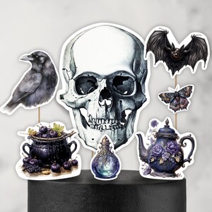 Gothic Party Cake Toppers, Printable Toppers of Cauldron, Skull, Moth ...