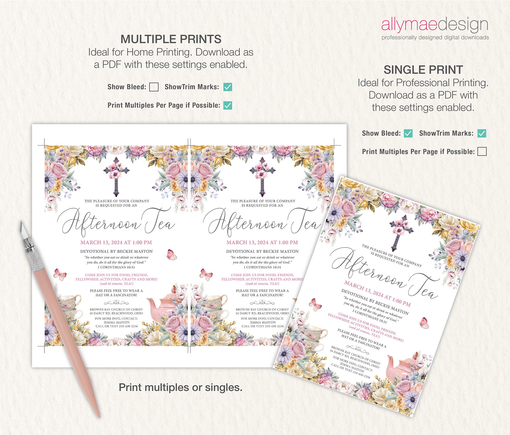 5 X 7 Afternoon Tea Church Event Invite With Pastel Flowers, Devotional ...