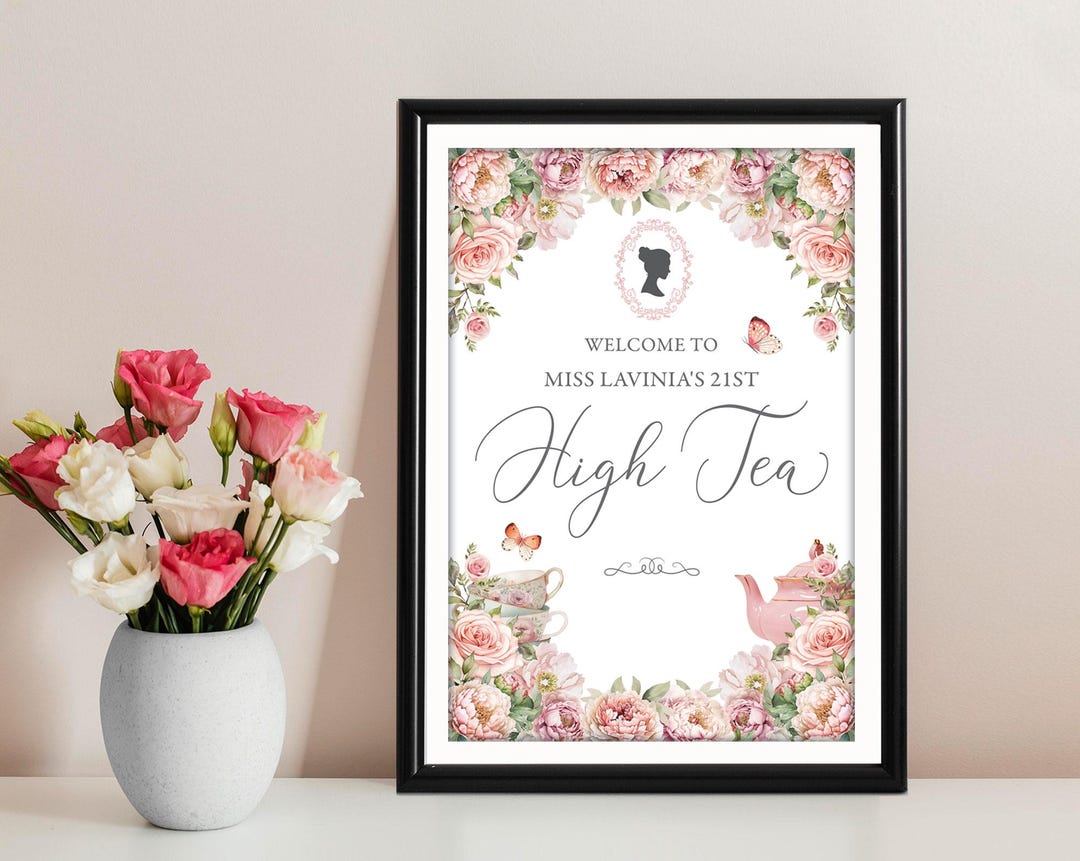 A4 (210 X 297mm) High Tea Welcome Sign, Blush Pink Flowers, Bridgerton ...