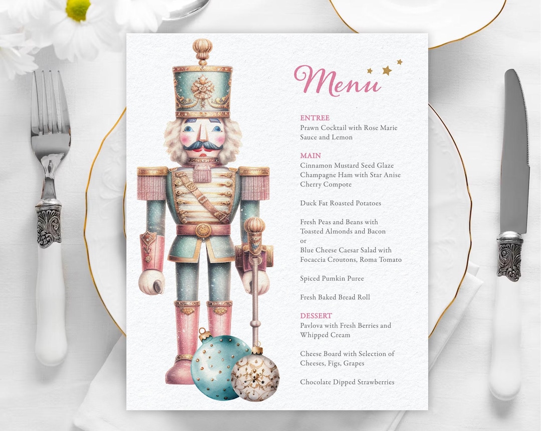 8 X 10 Xmas Nutcracker Tea Party Menu With Blue, Pink, Gold Nutcracker ...
