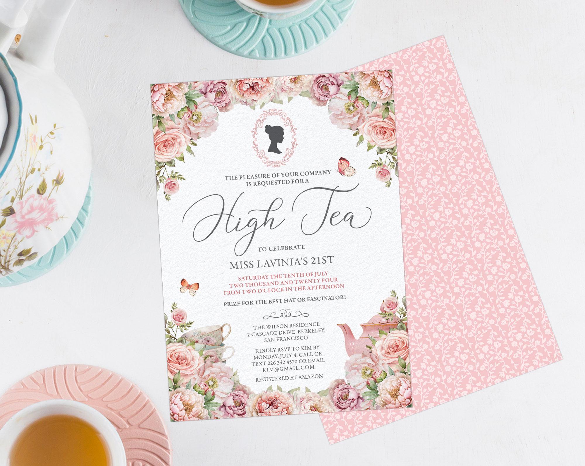Regency High Tea Invitation With Cameo, Blush Pink Flowers, Teapot, 5x7 ...