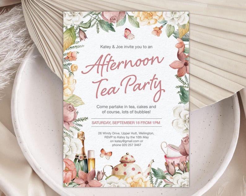 Afternoon Tea Party Invitation, Floral Border, Champagne, Teapot ...