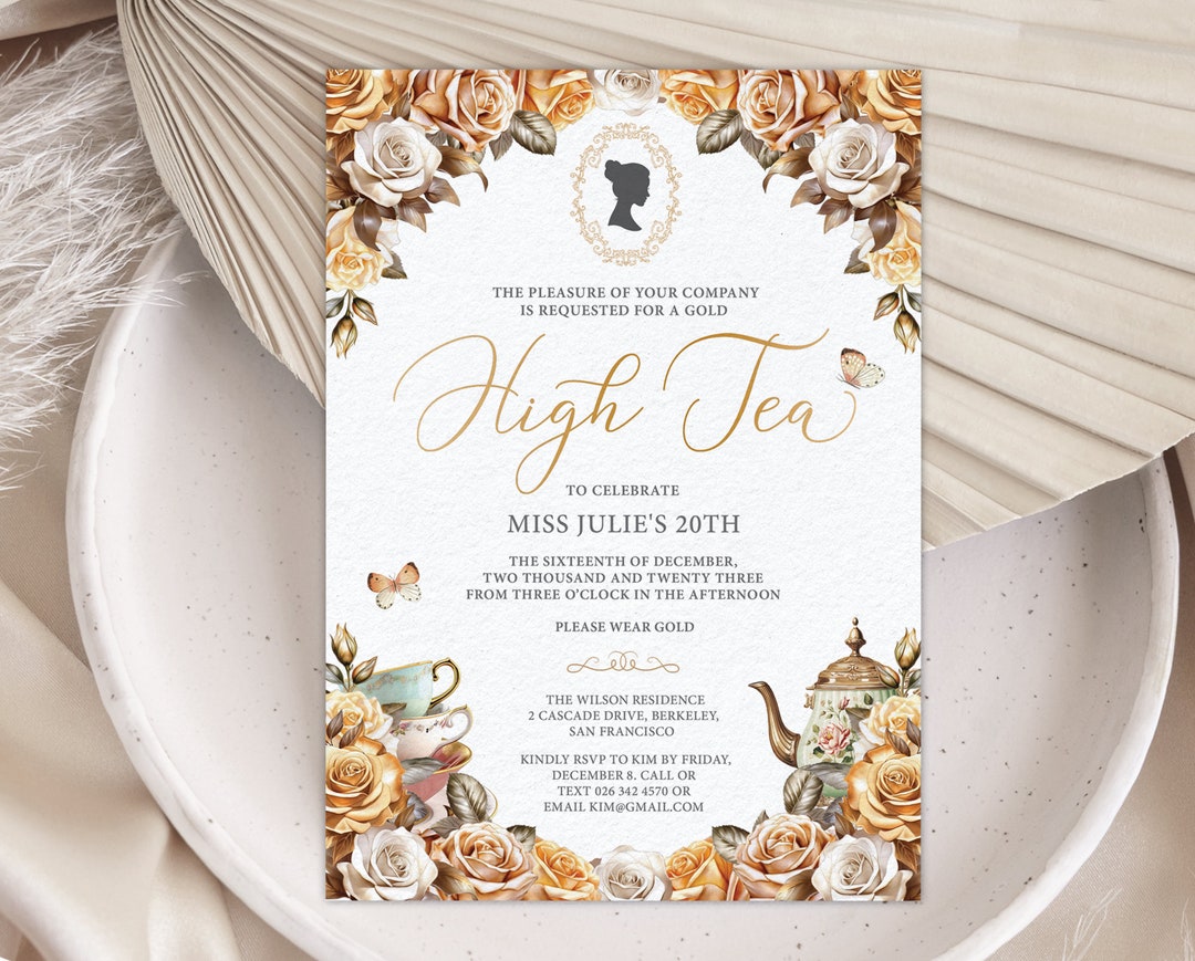 Gold Brown Rose Flower High Tea Invitation, 5 X 7, Bridgerton Style ...