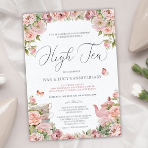 Pink High Tea Anniversary Invitation With Pretty Florals, Editable ...