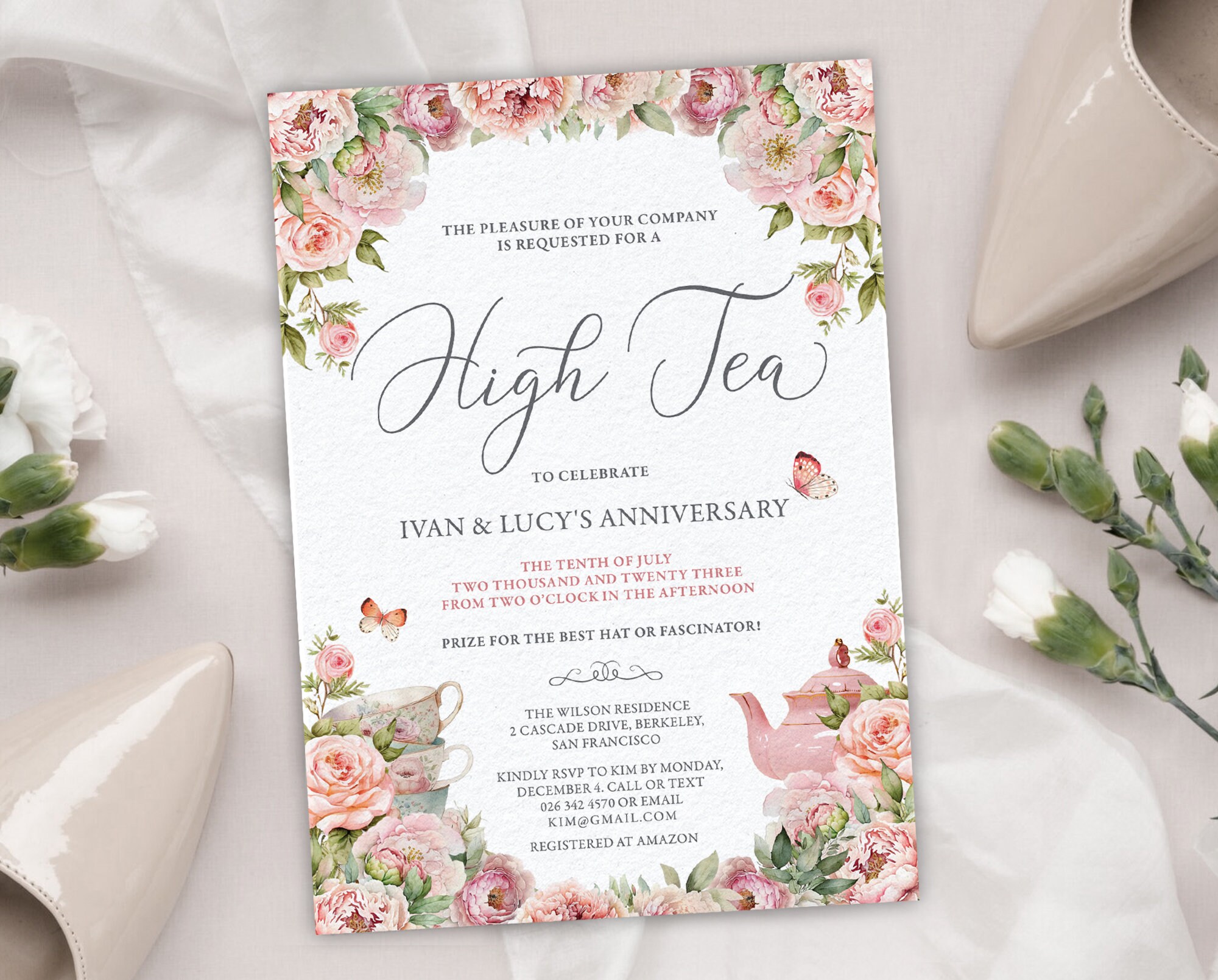 Pink High Tea Anniversary Invitation With Pretty Florals, Editable ...