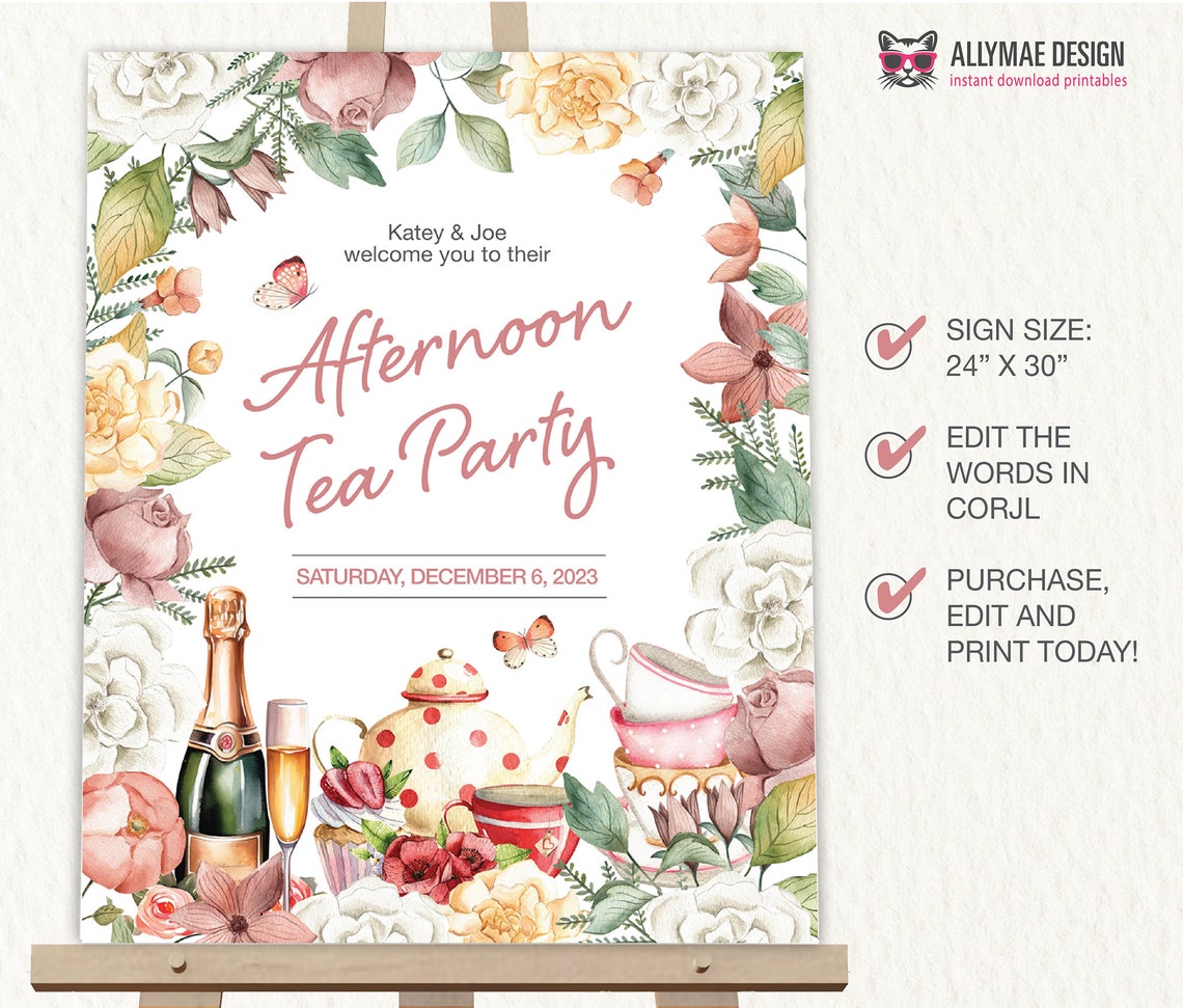 24 X 30 Afternoon Tea Party Welcome Sign, Floral Border, Editable ...