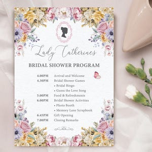 5 X 7 Bridal Shower Program With Bridgerton Style Cameo, Pastel Flowers ...