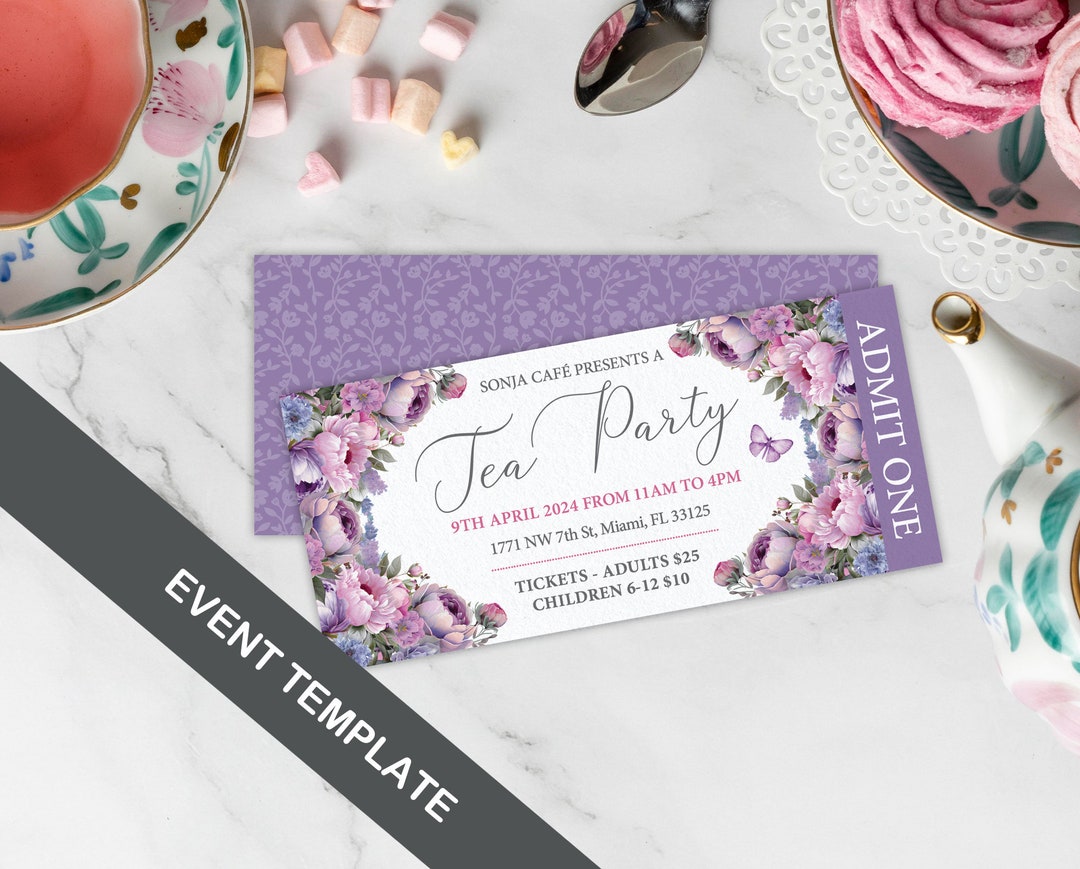 5 X 2.25 Tea Party Event Ticket With Pink and Purple Flowers and ...