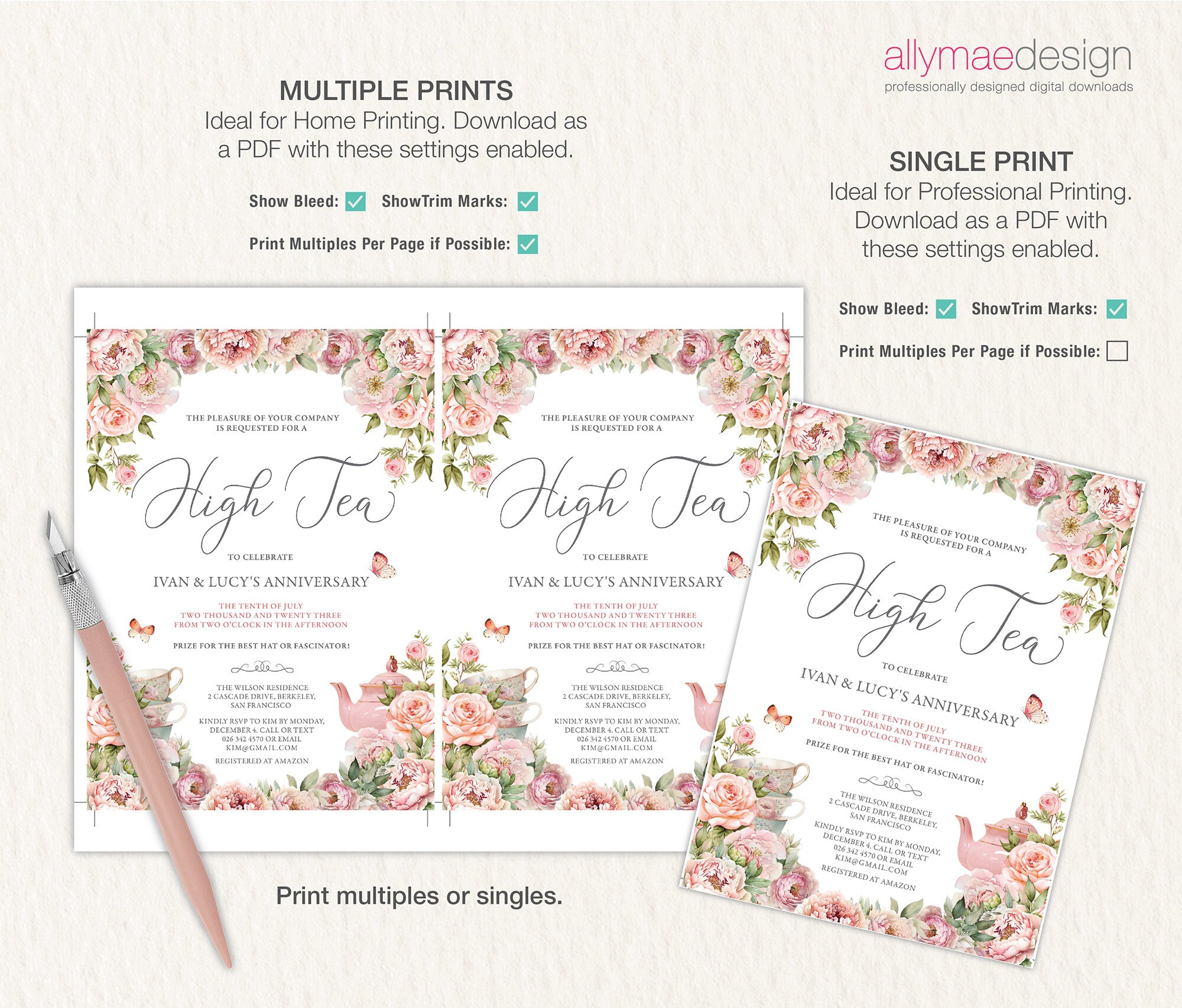 Pink High Tea Anniversary Invitation With Pretty Florals, Editable ...