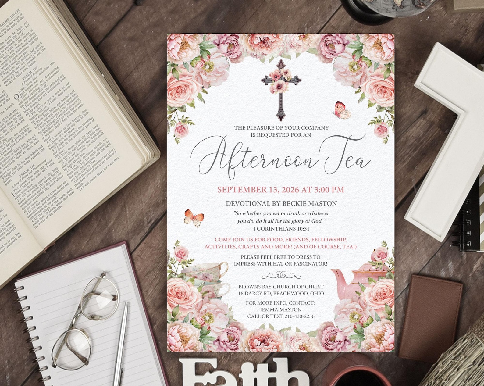 Church Afternoon Tea Invite: Blush Pink, Christian Cross, Scripture ...