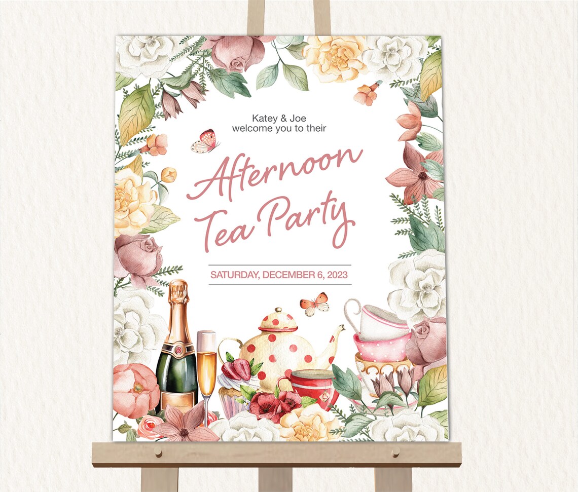 24 X 30 Afternoon Tea Party Welcome Sign, Floral Border, Editable ...
