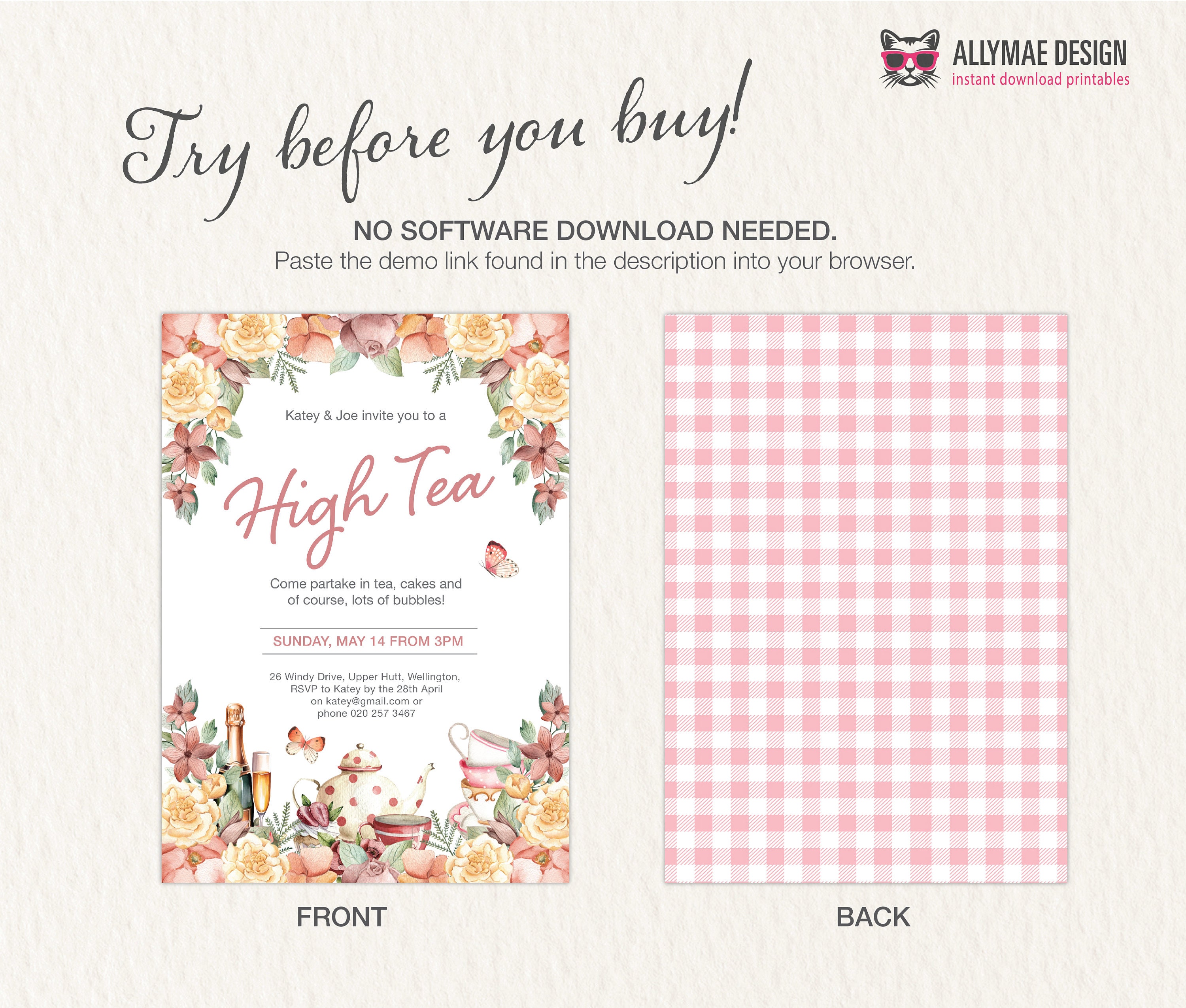 High Tea Invitation, Pretty Yellow Pink Flowers, Butterfly, Champagne ...