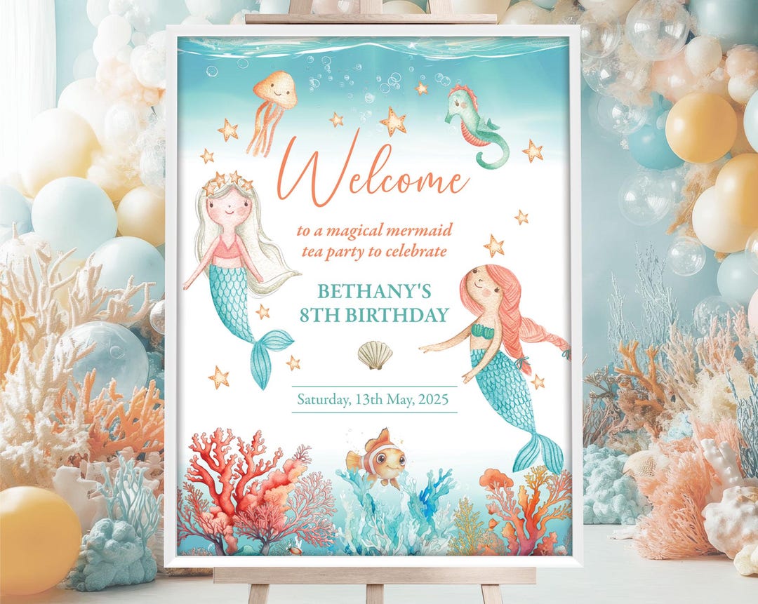18 X 24 Mermaid Tea Party Welcome Sign With Blue & Orange Coral ...