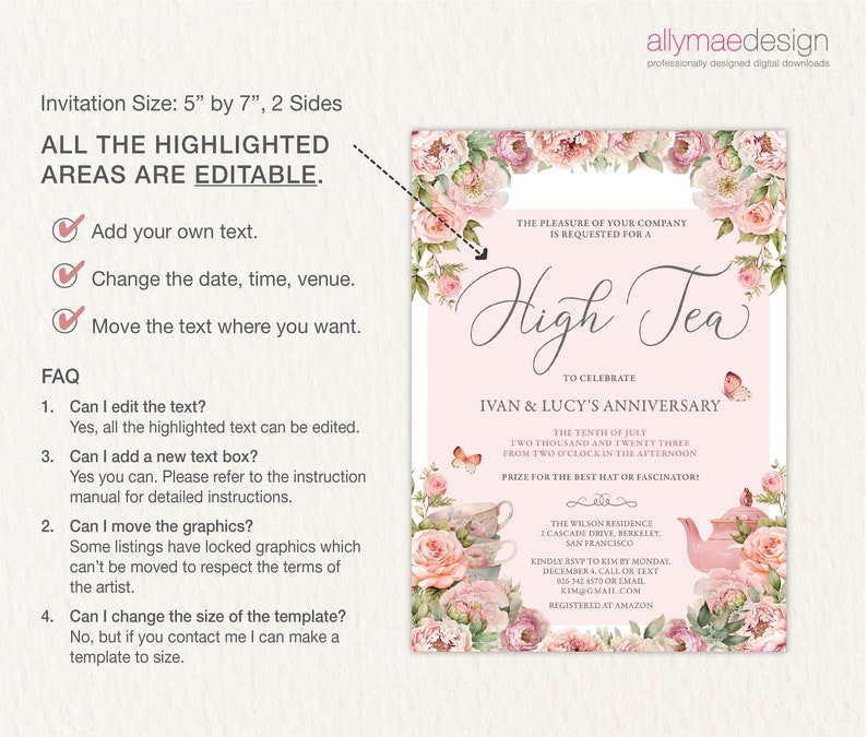 Pink High Tea Anniversary Invitation With Pretty Florals, Editable ...