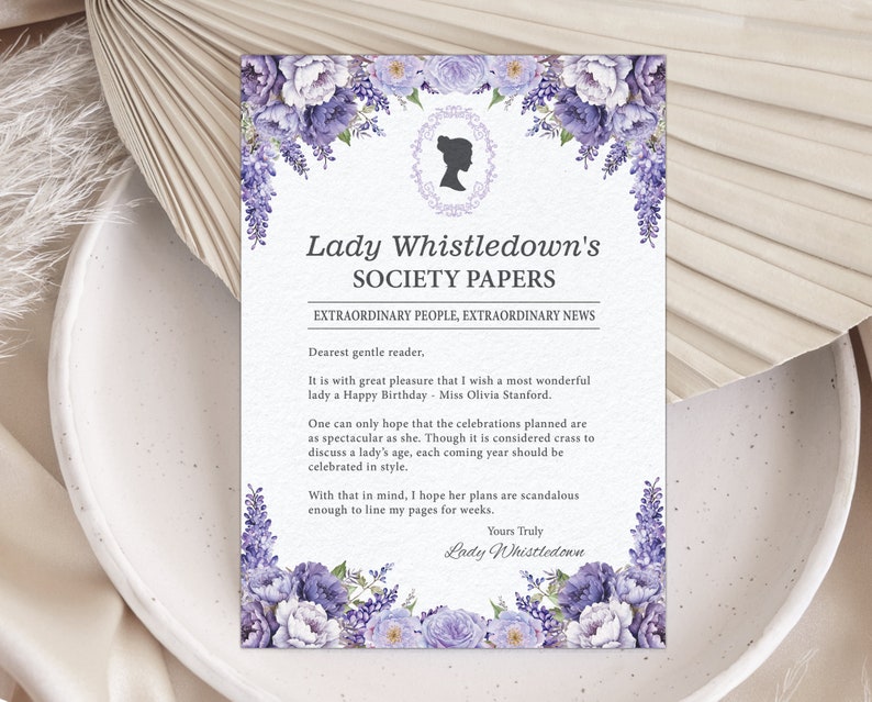 5 X 7 Birthday Lady Whistledown Announcement Society Page, Dearest ...