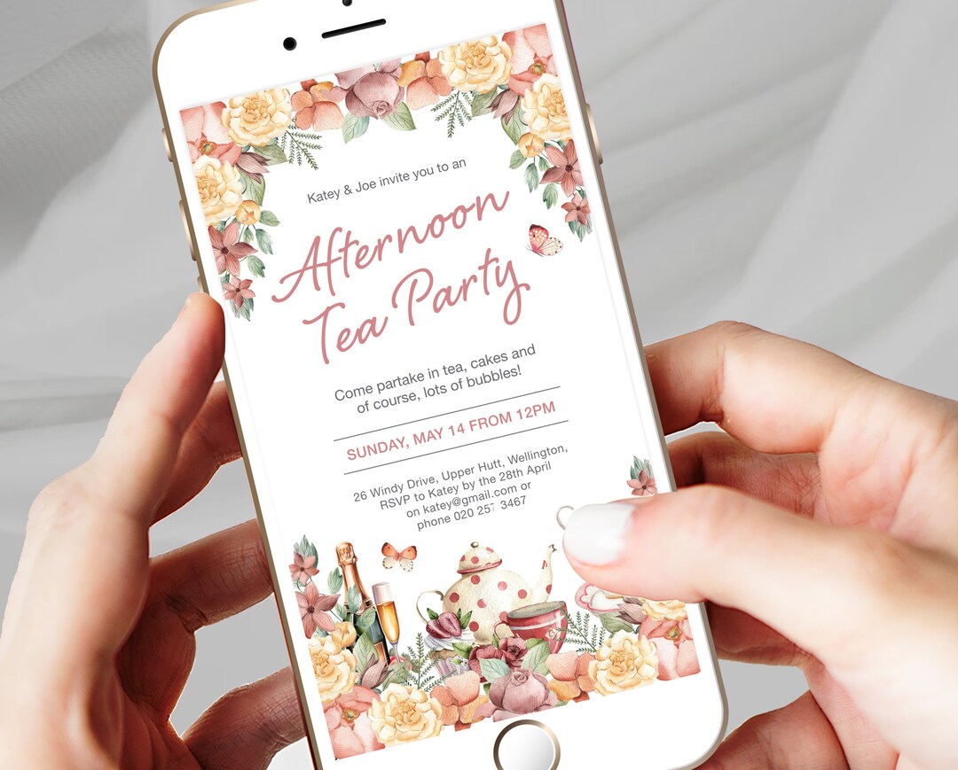 Afternoon Tea Electronic Invitation With Pretty Yellow Pink Flowers ...