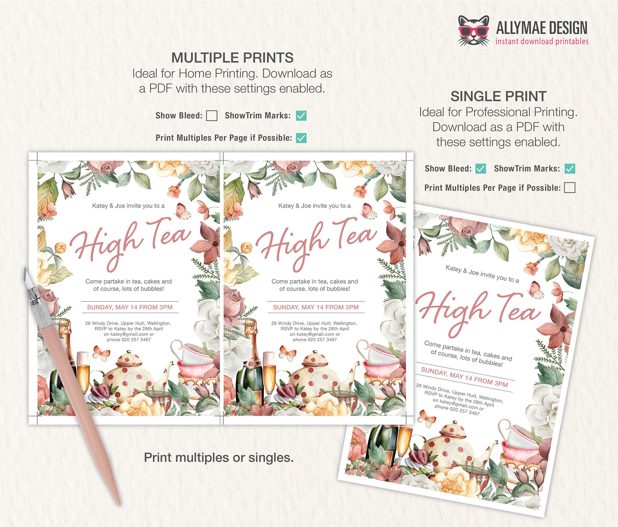 5 X 7 High Tea Party Invitation With Pretty Floral Border, Teapot ...