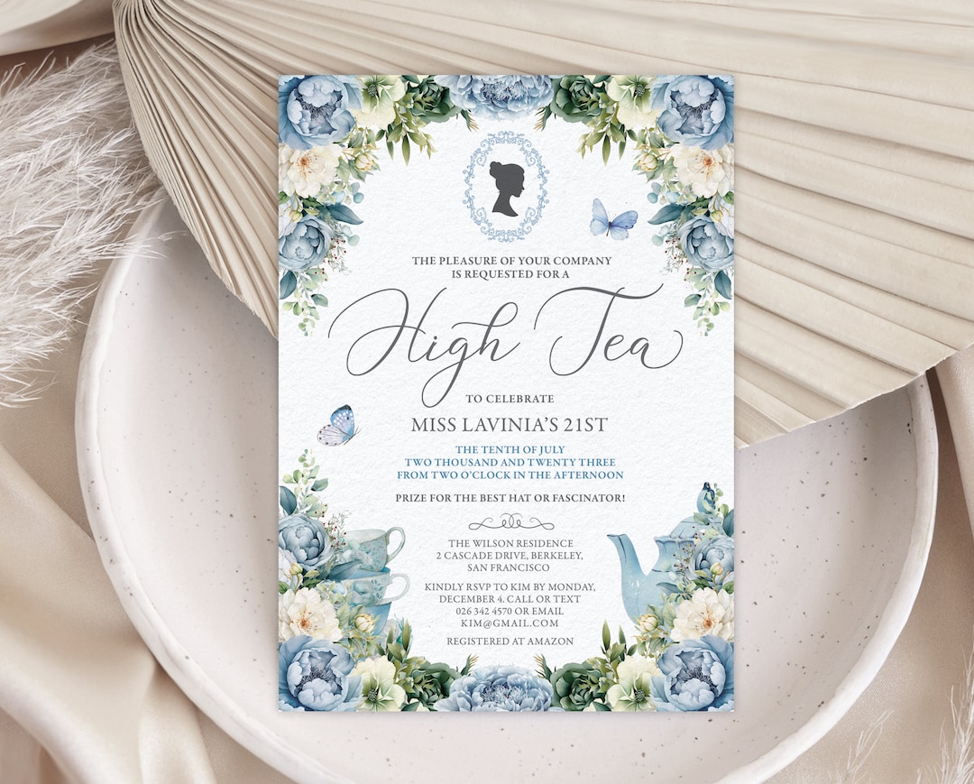 5 X 7 High Tea Bridgerton Invitation With Sage Green & Dusty Blue ...