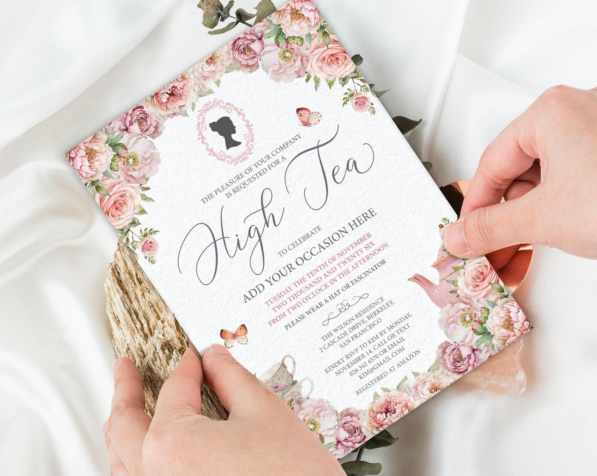 Regency High Tea Invitation With Cameo, Blush Pink Flowers, Teapot, 5x7 ...