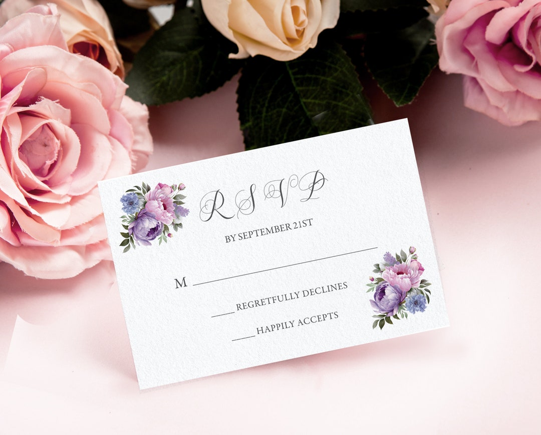 4.5 X 3 Inches RSVP Card With Pink and Purple Flowers and Pretty Pink ...