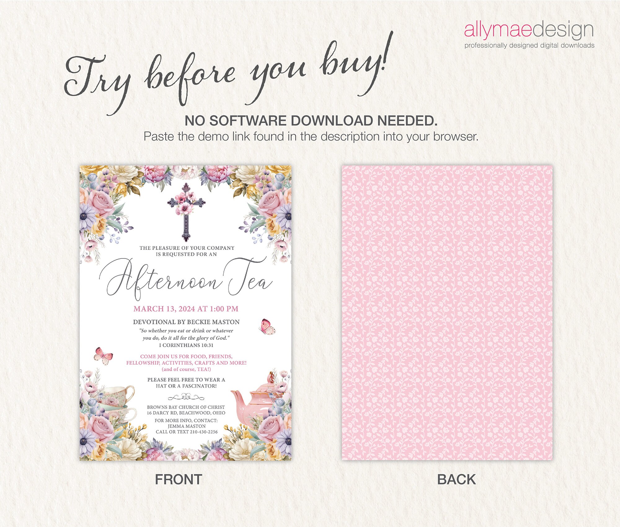 5 X 7 Afternoon Tea Church Event Invite With Pastel Flowers, Devotional ...